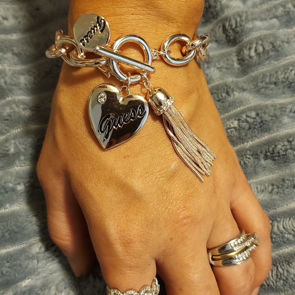 Guess | Jewelry | Nib Guess Chain Link Tassel Studded Logo Bracelet ...